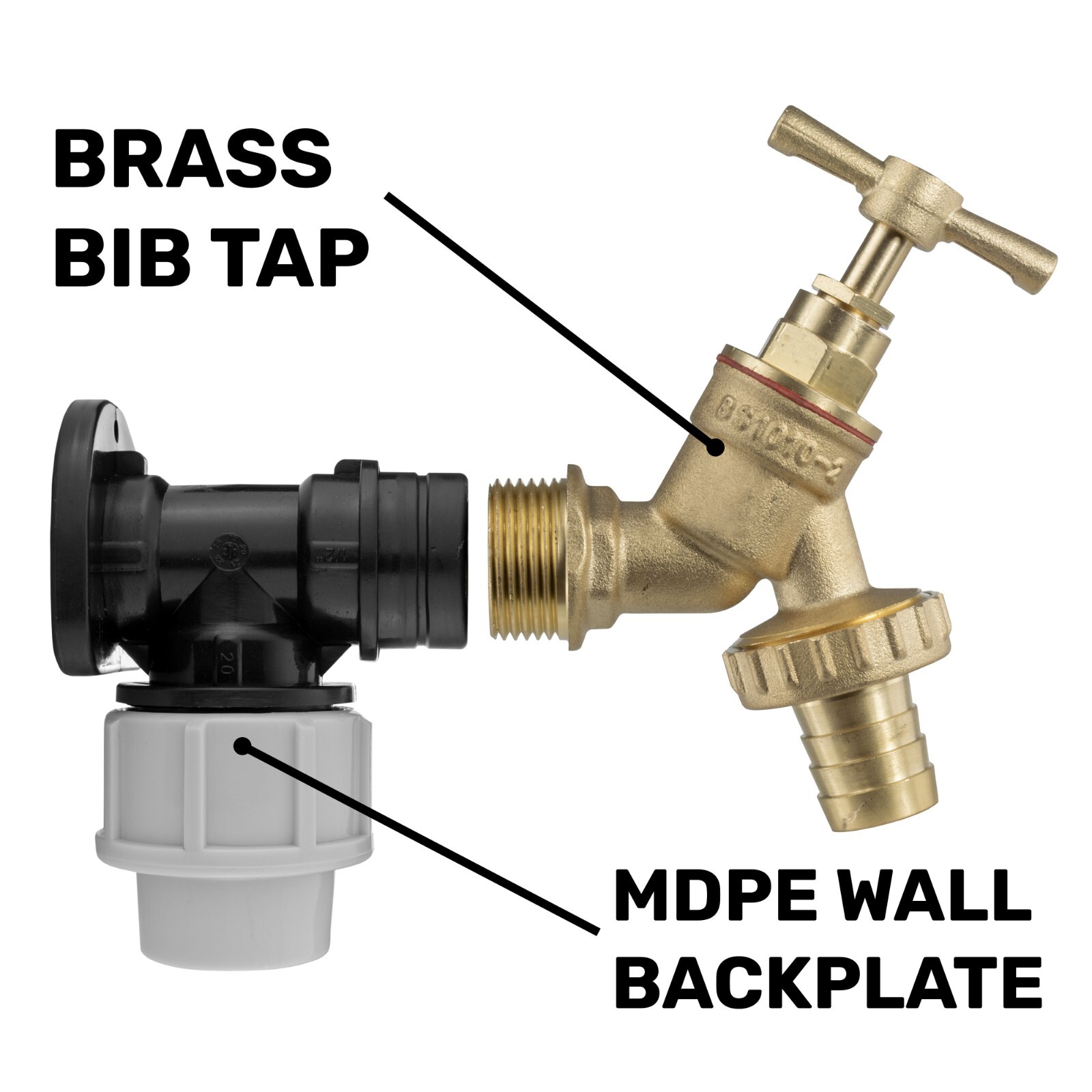 20mm & 25mm MDPE Backplate with Brass Bib Taps, 1/2" & 3/4" Hose Barbed ...