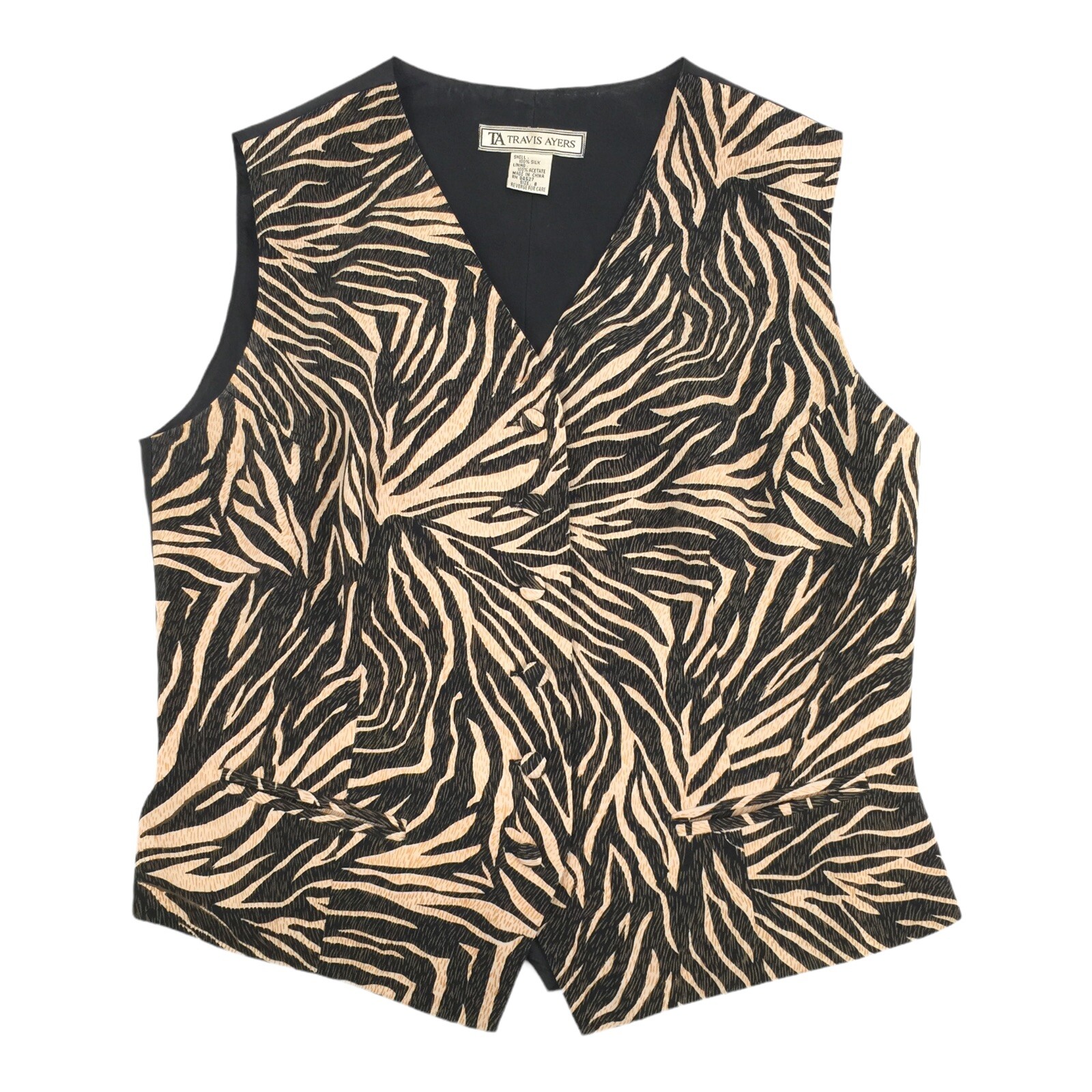 Vintage Travis Ayers 100% Silk Zebra Print Vest Size … - Gem