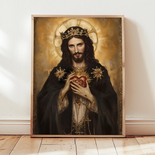 Sacred Heart of Jesus Canvas Wall Art, Gold & Red Christ Poster ...