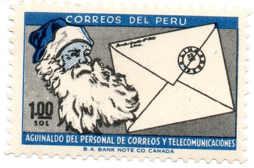 Christmas 1965, Santa in blue, Perú 1965, Postal workers bonus, accept ...