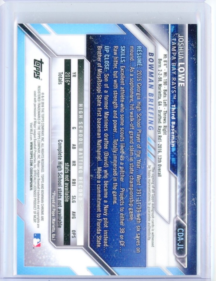 2016 Bowman Draft Chrome JOSHUA LOWE Auto Autograph Prospect RC Rookie ...