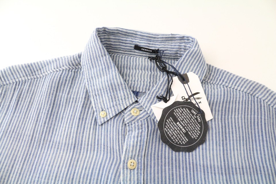 Denham Ford Men's Shirt M Blue Striped Cotton Blend Short Sleeve Button ...