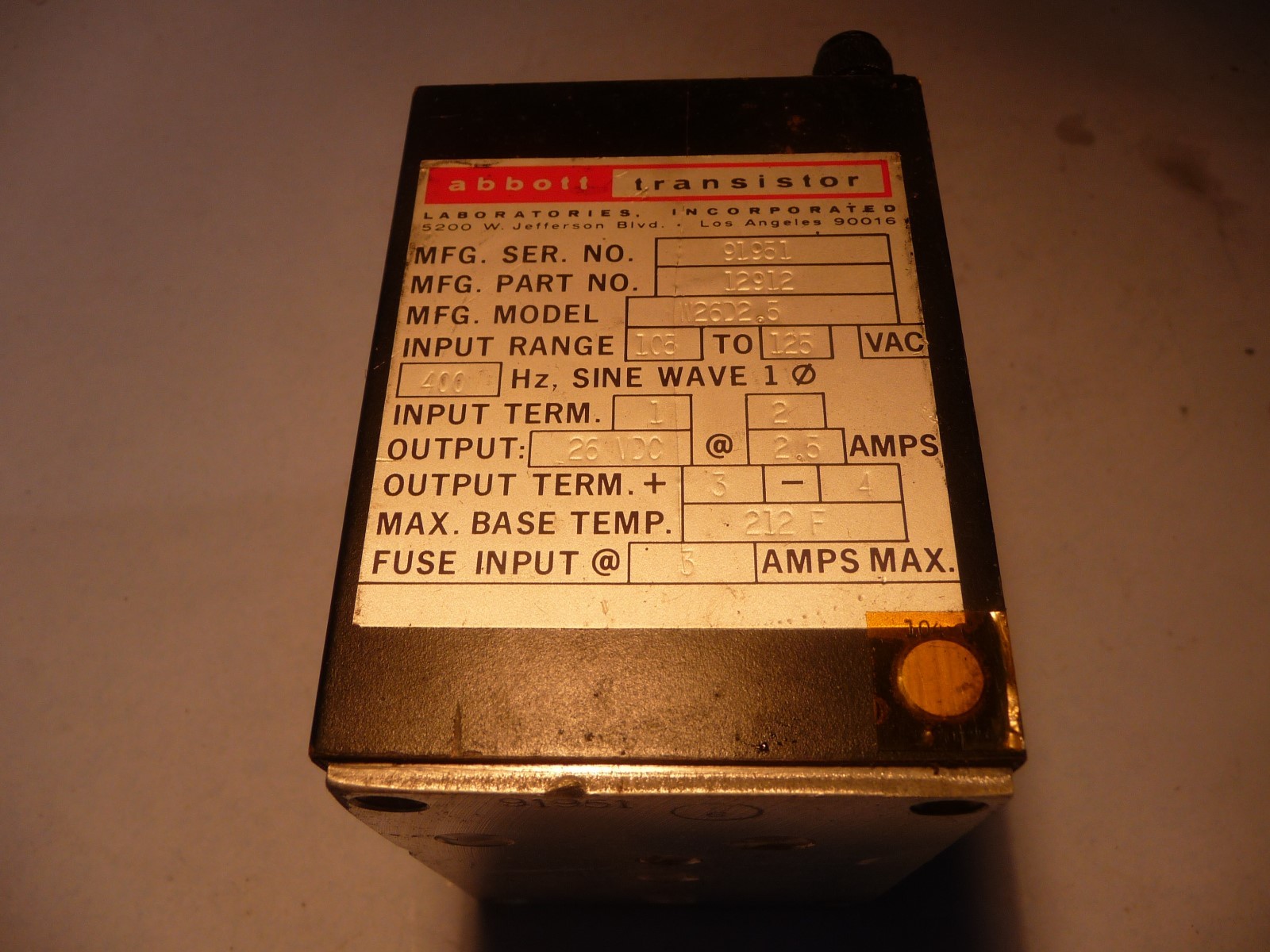 Abbott Transistor Military Power Supply W26D2.5 12912 105-125 VAC 400hz ...
