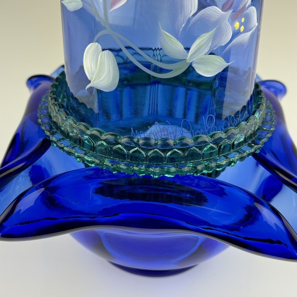 Fenton cobalt blue and green 3 Piece fairy lamp hand painted George W ...