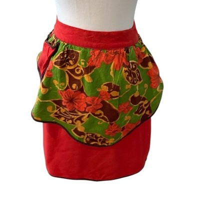 Vintage Feminine Layered Half Apron Avocado Green Paprika Floral Print ...