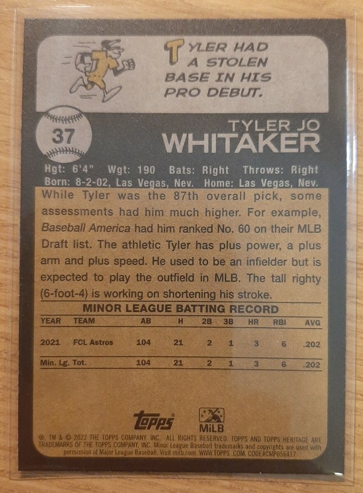 2022 TOPPS HERITAGE MINORS TYLER WHITAKER #37 HOUSTON ASTROS | eBay
