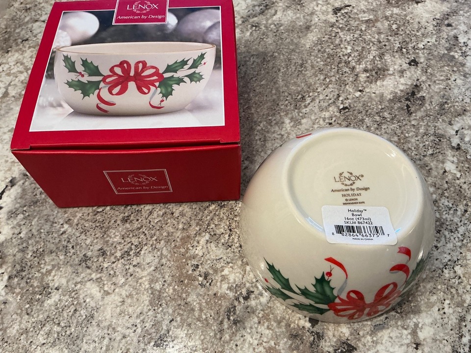 LENOX Holiday Bowl Ivory Gold Trim Red Bow & Holly 16 oz. Christmas New ...