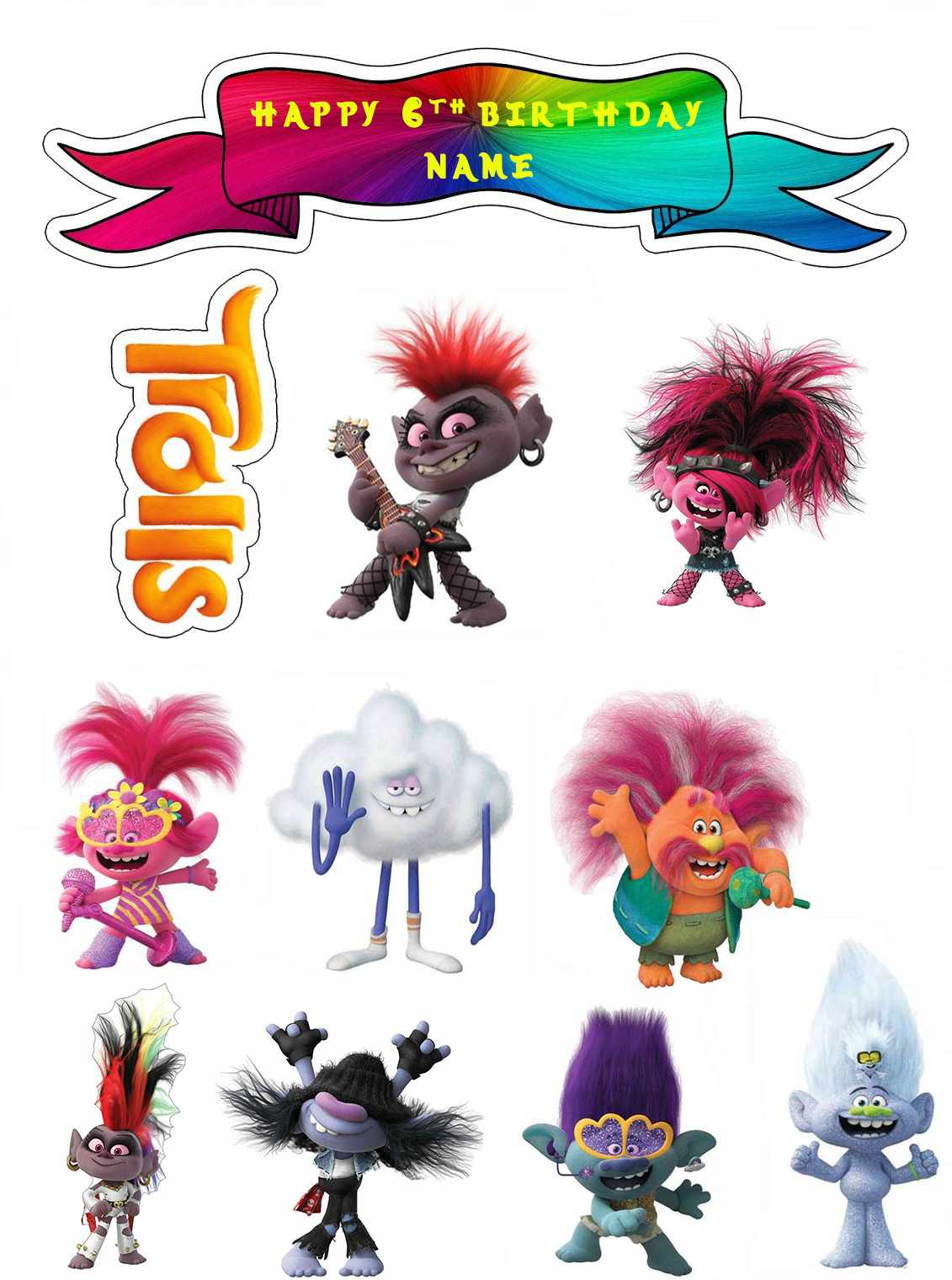 PREMIUM QUALITY TROLLS TOUR PERSONALISED edible Cake toppers A4 Icing ...