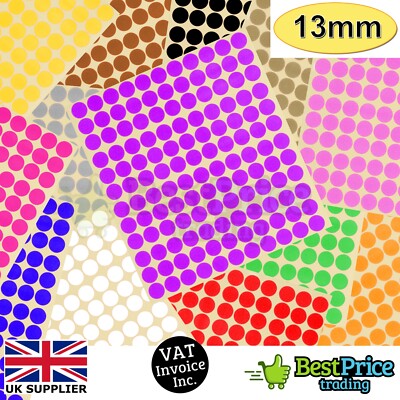 264 x 13mm Coloured DOT STICKERS Round Sticky Adhesive Spot Circles ...