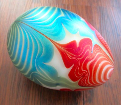 Vintage Vandermark Iridescent Art Glass Egg Paperweight Pulled Feather ...