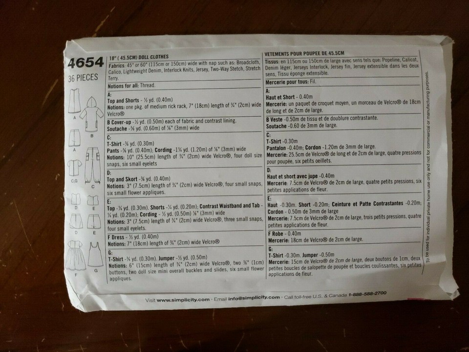 18 inch Doll SEWING PATTERN Simplicity 4654 M9118 wardrobe costume | eBay