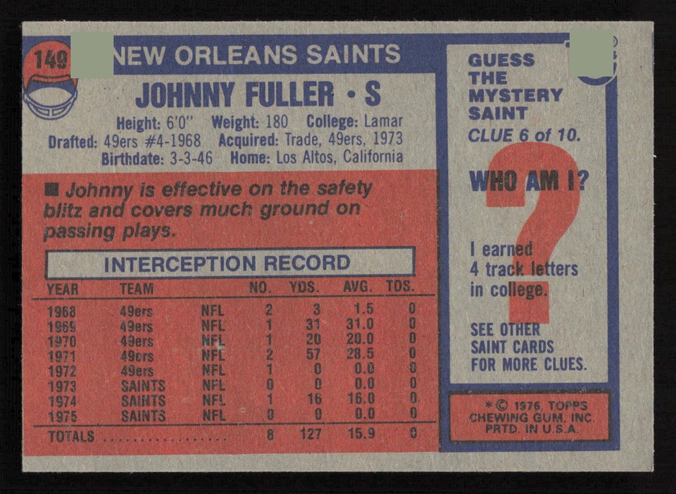 1976 Topps #149 Johnny Fuller Card TCCCX | eBay