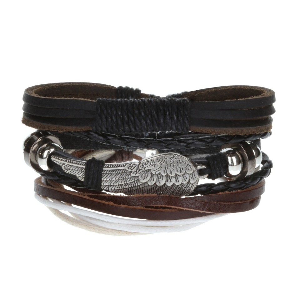 Mens Leather Bracelet Surfer Wide Multi Row Layer Stack Wristband Wrap ...