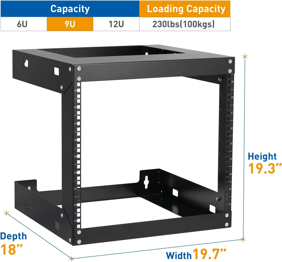 9U Wall Mount Rack Open Frame 19 Inch Server Equipment 2 Post Network ...