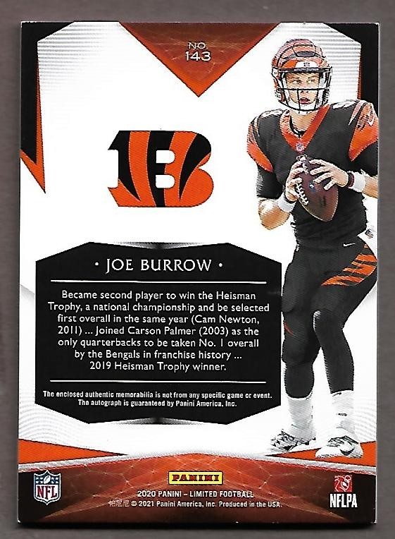 2020 Joe Burrow Limited R/C 3 Color Patch On Card Bold Auto # /75 ...