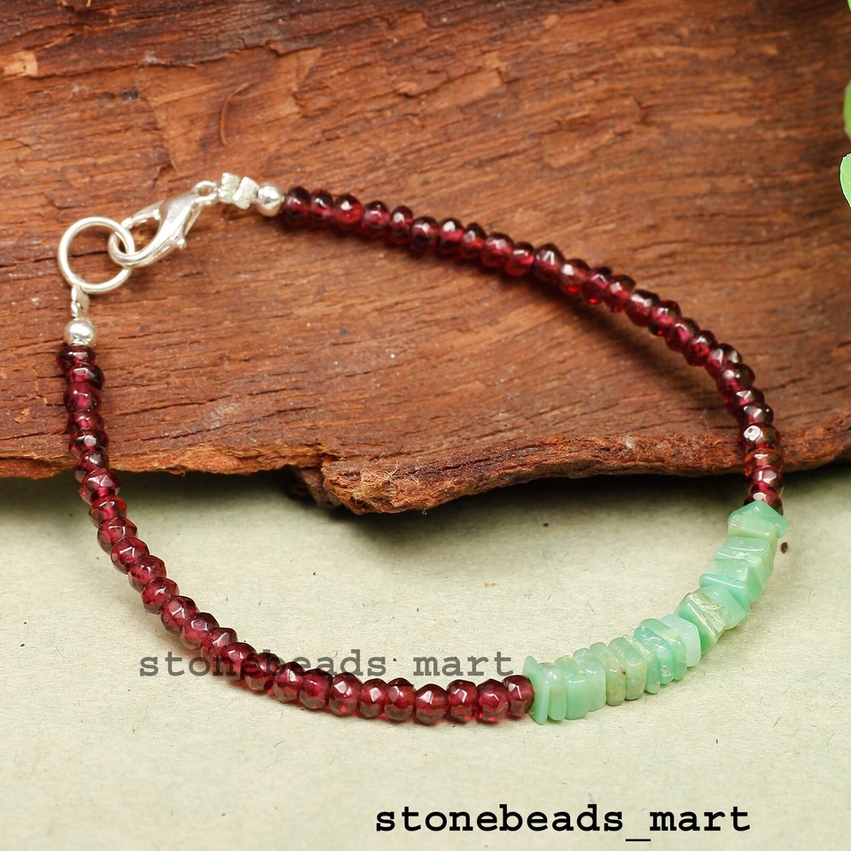 925 Sterling Silver Chrysoprase+Pink Mozambique Garnet Beaded Bracelet ...
