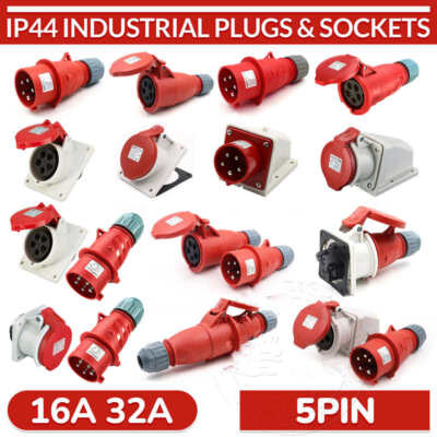 16A 32A 5 PIN RED INDUSTRIAL PLUGS & SOCKETS 3 PHASE 3P+N+E IP44 MALE ...