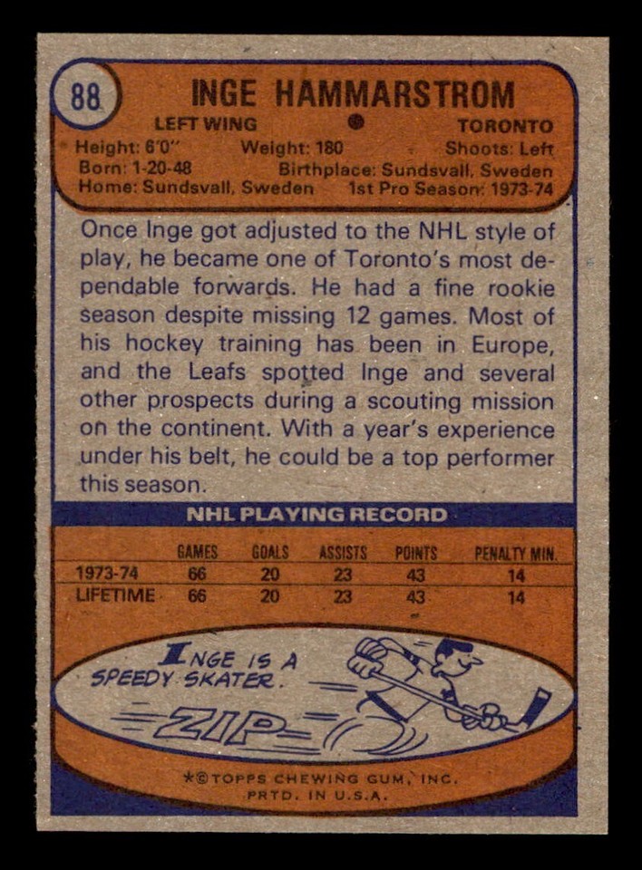 1974 Topps Hockey #88 Inge Hammarstrom NM/MT | eBay