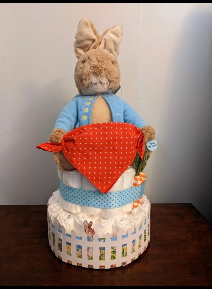 Centerpiece Diaper cake for baby shower Baby gift Peekaboo Peter Rabbit ...