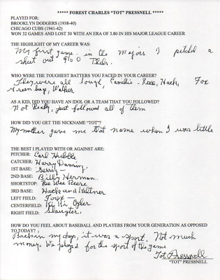 Tot Pressnell Autographed Hand Filled Out Survey Page (JSA) | eBay