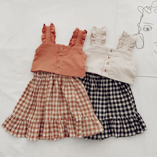 Girls Skirt Sleeveless Elastic Band Summer Ruffle Top Skirt Suit Mini ...