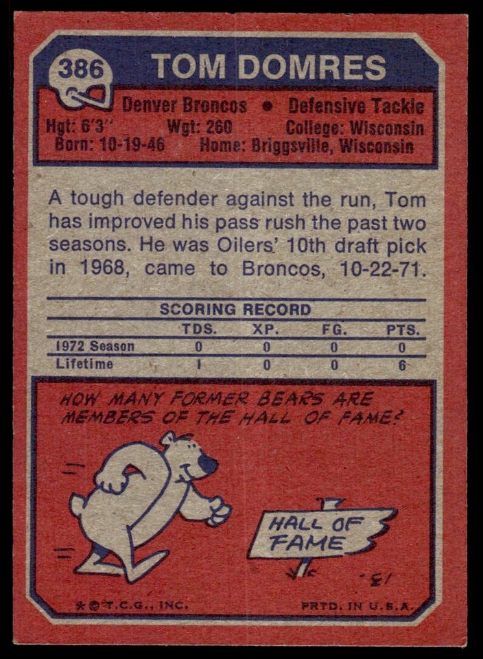 1973 TOPPS TOM DOMRES 3 DENVER BRONCOS #386 | eBay