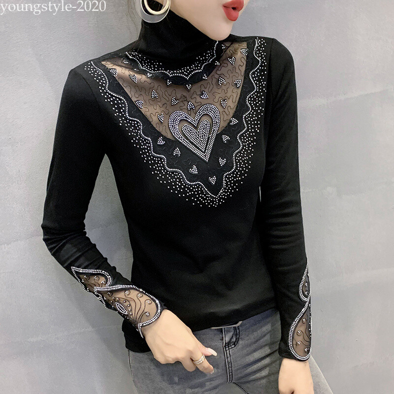 Women Sexy Rhinestone Mesh Sheer Mock Neck Party Club Slim Tops ...