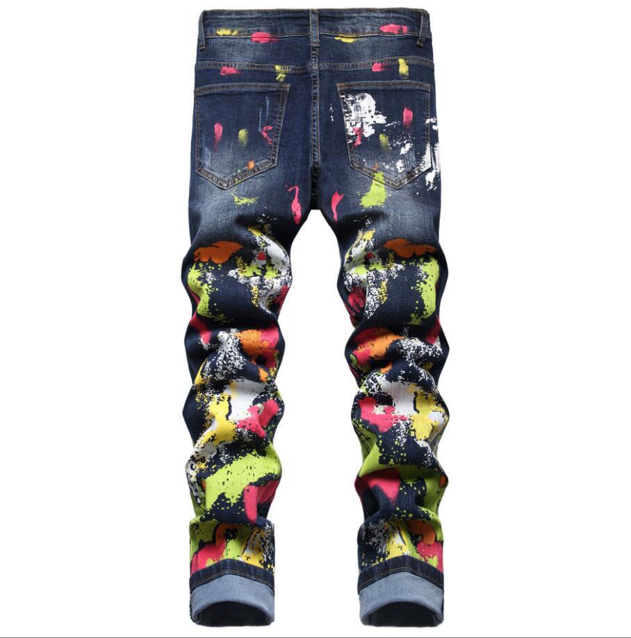 Men's Blue Color Printed Straight Leg Denim Jeans Trousers Pants Punk ...