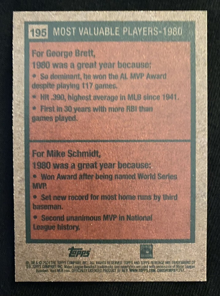 2024 TOPPS HERITAGE 1980 MOST VALUABLE PLAYERS #195 GEORGE BRETT /MIKE ...