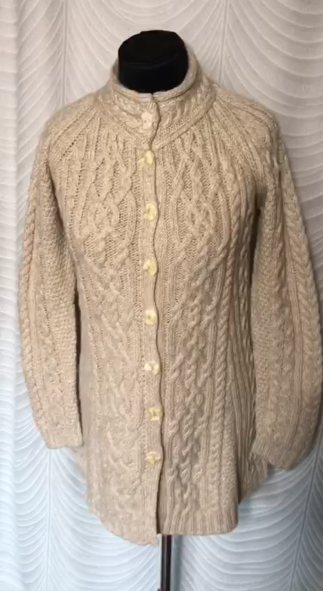 Inis Crafts Fisherman Merino Wool Beige Long Cardigan Size M Mock Neck ...