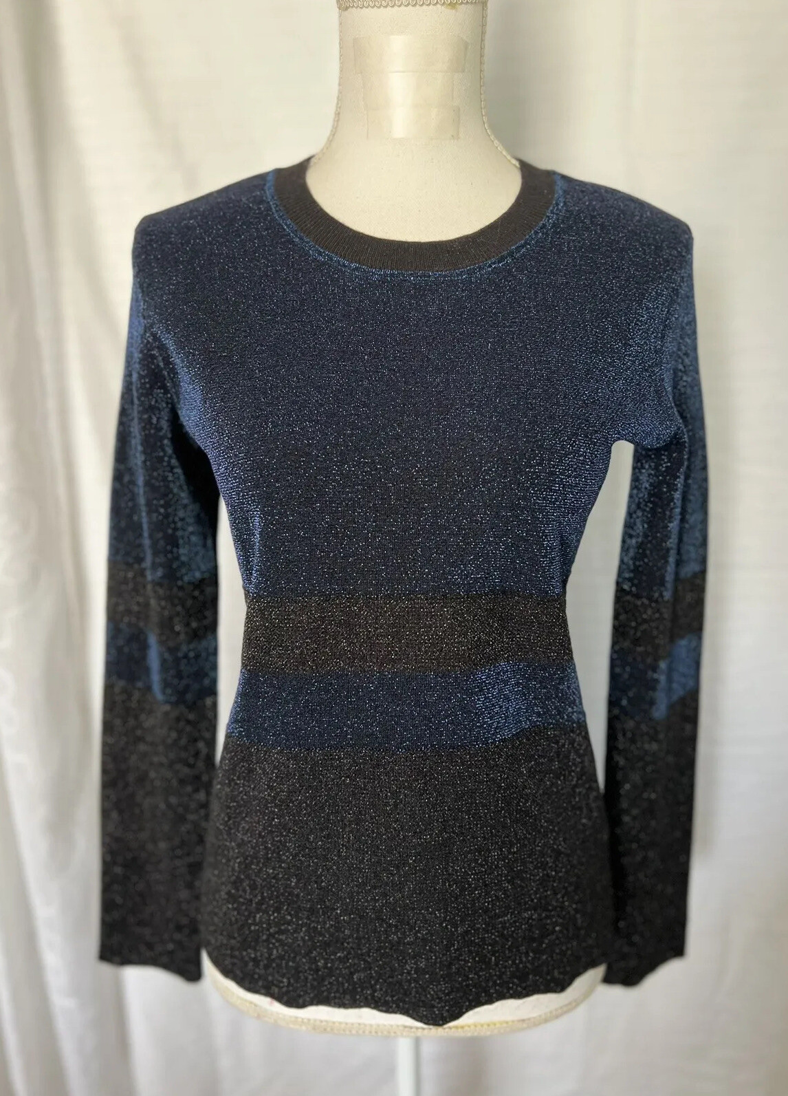 TORY BURCH Women's Lurex Block Metallic Crewneck Sweater Navy/Black ...
