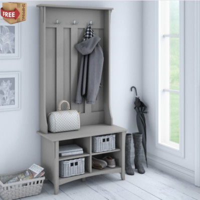 Rustic Gray Wooden Hall Tree Coat Rack Hat Hooks Storage Stand Entryway ...