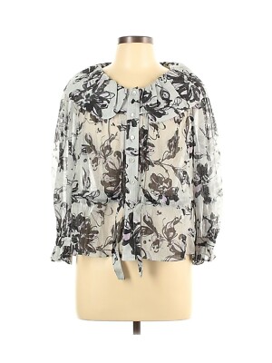 ELLEN TRACY SILK COLLAR BLOUSE RUFFLE GRAY BLACK FLORAL BUTTONS TIE | eBay
