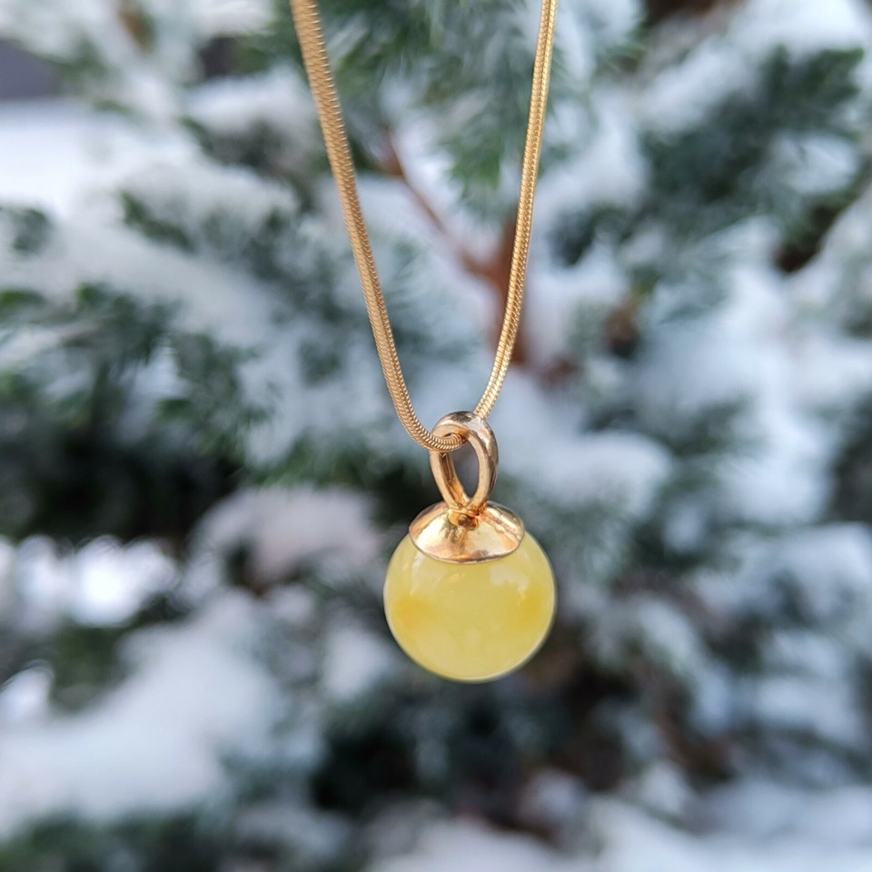 Amber Pendant Gold Plated Sterling Silver 925 Chain White Yellow Round ...