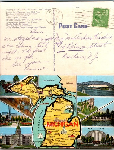 Scenic Michigan Map Postcard 1956 Niles MI Mailed to Raritan Lansing ...