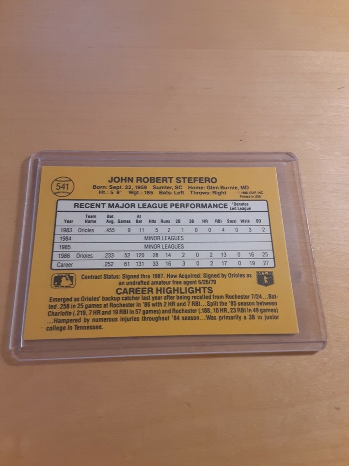 1987 Donruss #541 JOHN STEFERO Baltimore Orioles Baseball Card, Catcher ...