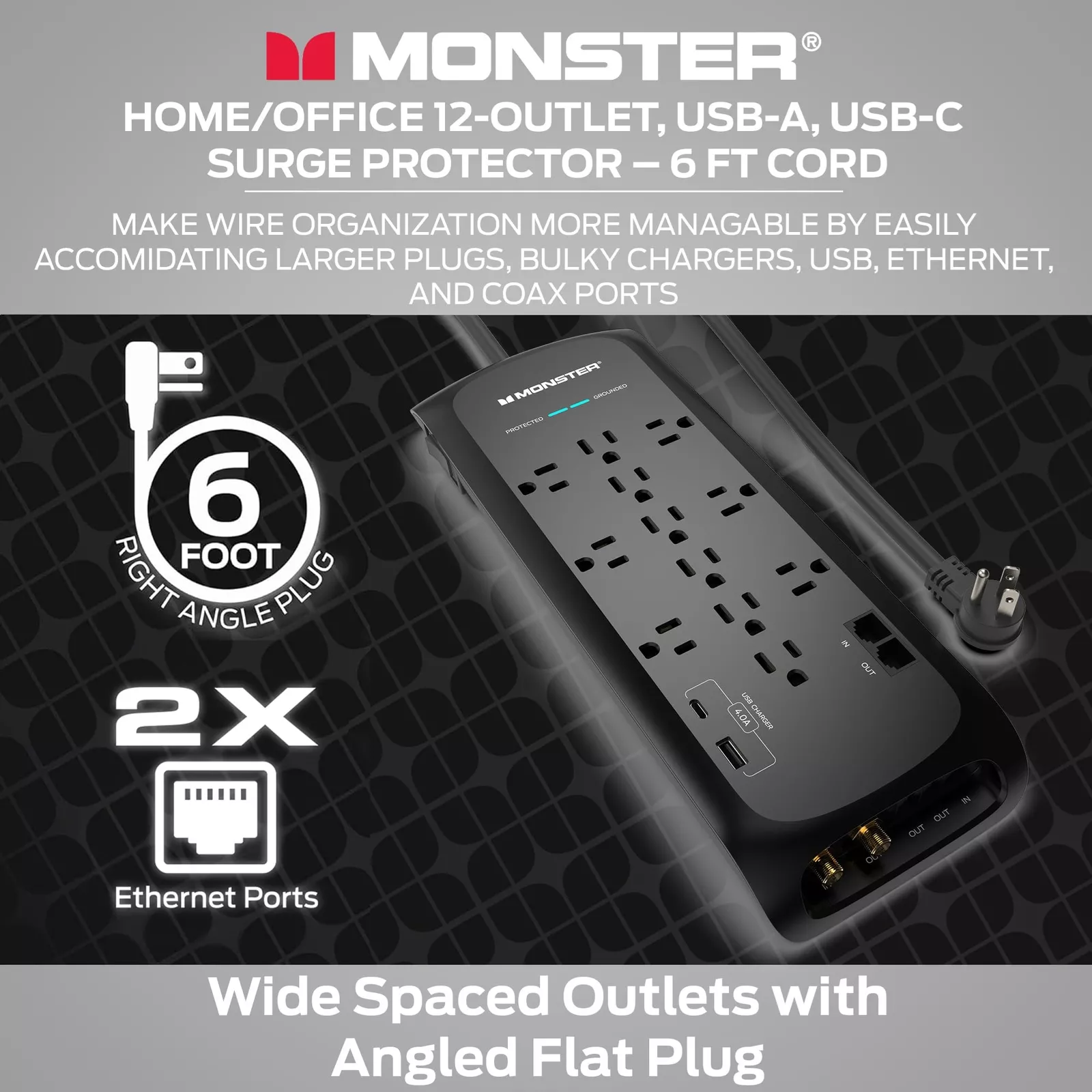 Monster Black Heavy Duty Surge Protector Power Strip 6 ft Cord with 12 ...