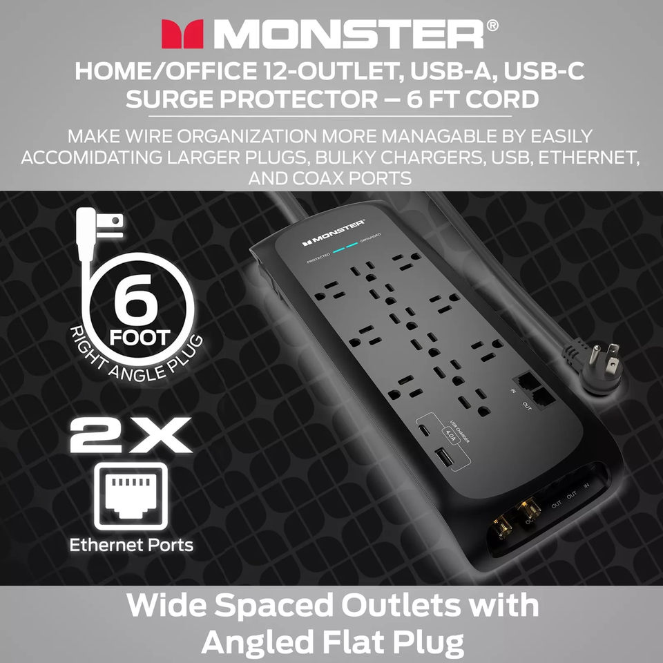 Monster Black Heavy Duty Surge Protector Power Strip 6 ft Cord with 12 ...
