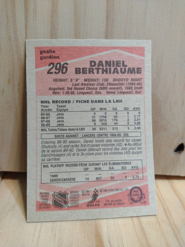 1989-1990 O-Pee-Chee Hockey: WINNIPEG JETS #296 DANIEL BERTHIAUME. ZZ4 ...