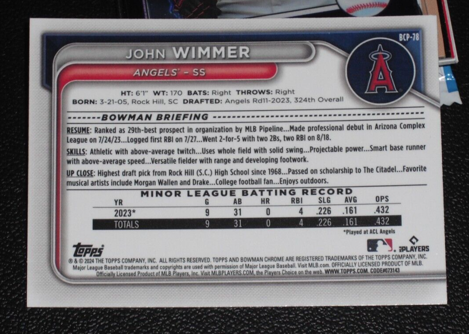 2024 Bowman 1st John Wimmer #BCP-78 Mini Diamond Chrome Parallel Card ...