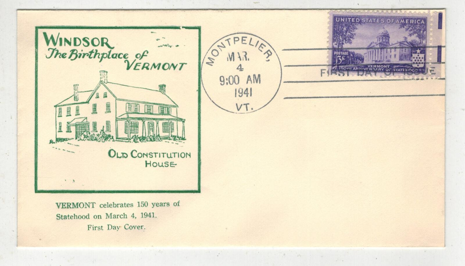 1941 VERMONT STATEHOOD 150TH ANNIV. 903-10 1ST TOWN OF WINDSOR CACHET ...