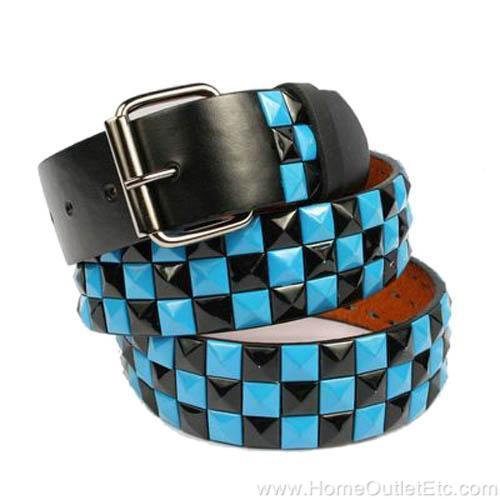 3-Row Metal Pyramid Studded Leather Belt 2-Tone Checker Punk Rock Goth ...