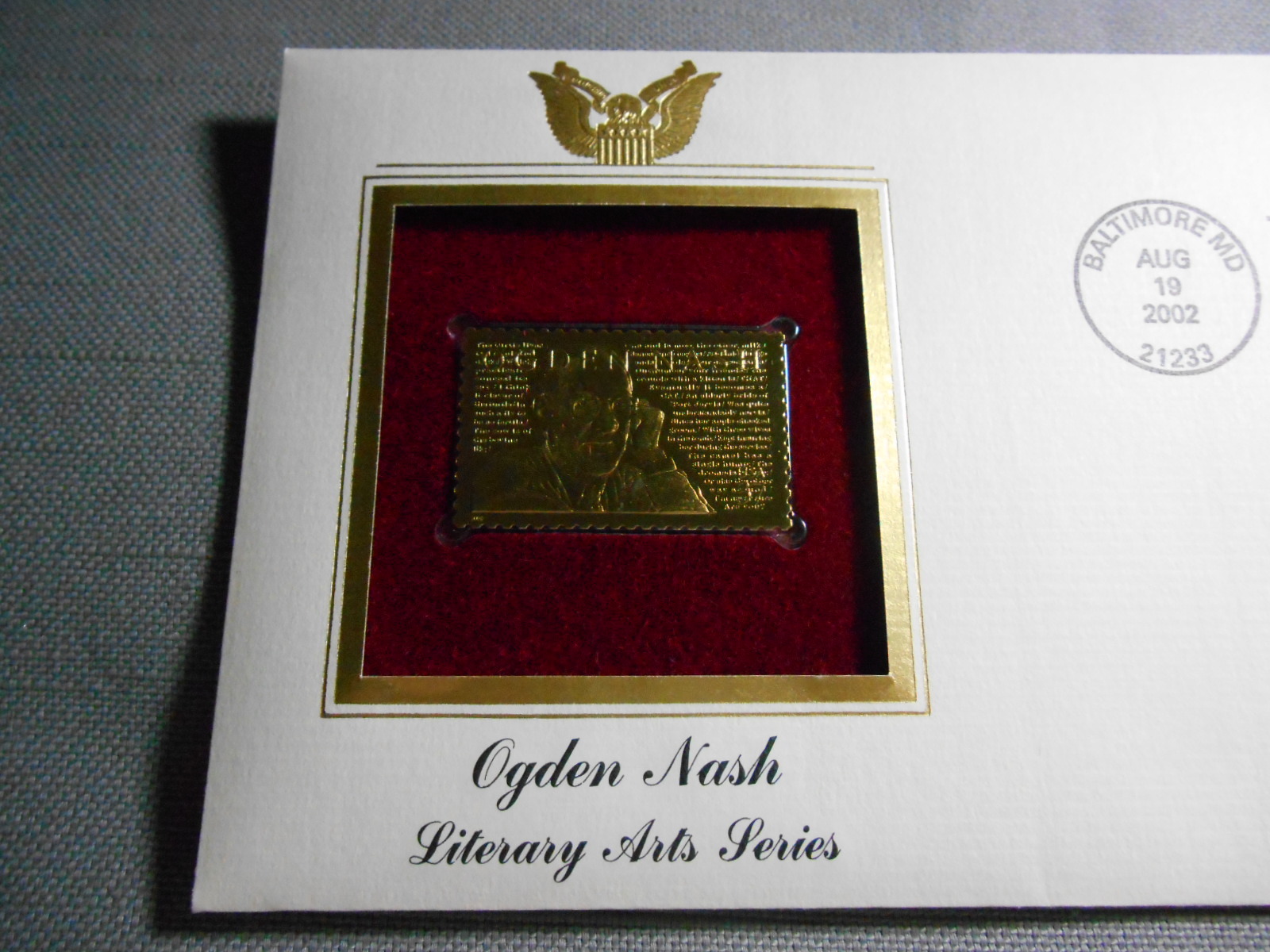 2002 First Day Cover Nash Literary Arts Gold Stamp (22kt overlay) USPS ...
