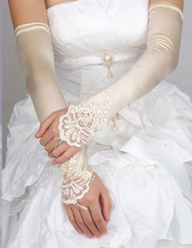 Women Fingerless Sequins Lace Satin Bridal Wedding Gloves Long Opera ...