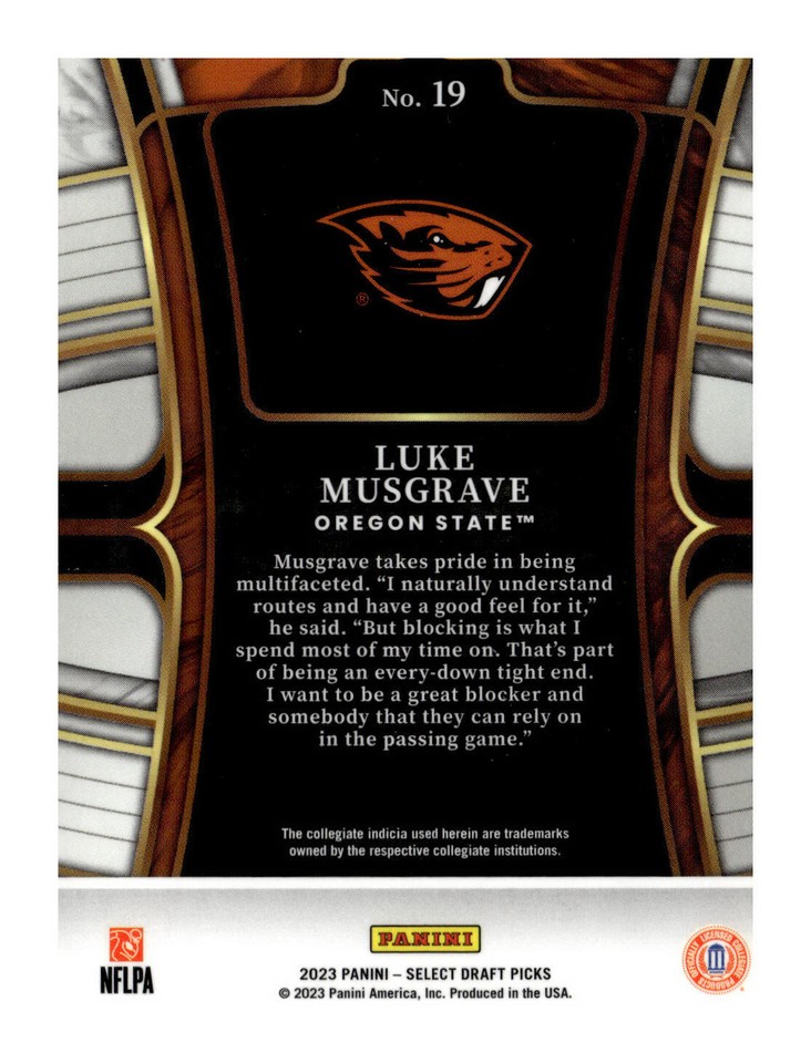 2023 Panini Select Draft Picks 19 Luke Musgrave Oregon State Packers RC ...