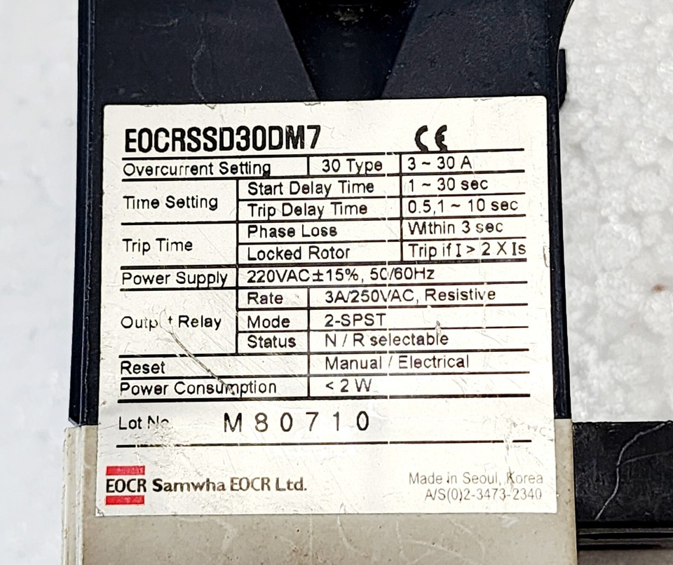 SAMWHA EOCR-SSD-30DM7 MOTOR PROTECTOR AUTOMATIC RESET RELAY ...