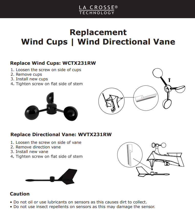 WCTX231RW La Crosse Technology Replacement Wind Cup Assembly Only for ...