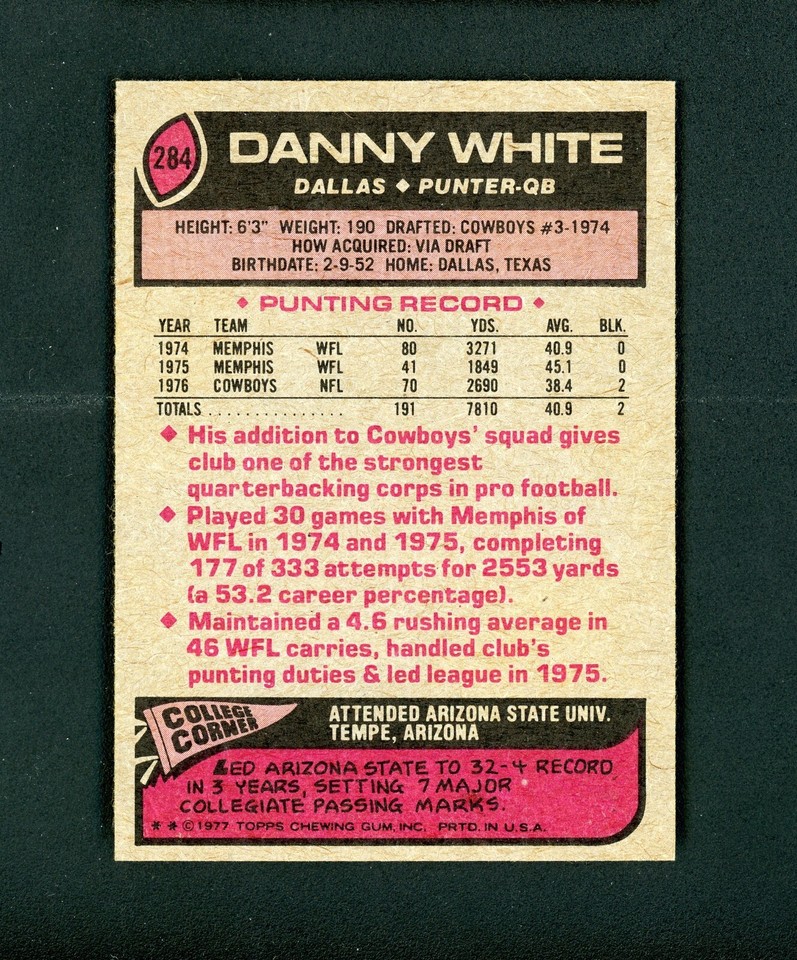 Danny White 1977 Topps - Dallas Cowboys #284 NM+ | eBay