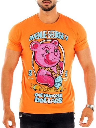 Avenue George V Paris T-Shirt Teddy Bear Rhinestone Men's Orange Shirt ...
