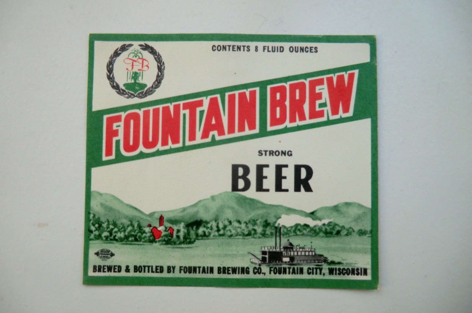FOUNTAIN BREWING FOUNTAIN CITY WISCONSIN USA BREWERY BEER BOTTLE LABEL ...